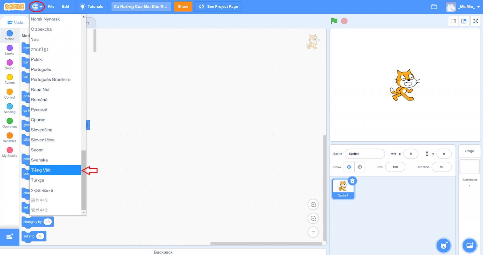 Hướng dẫn chuyển đổi ngôn ngữ trên Scratch | STEAM for Vietnam Blog